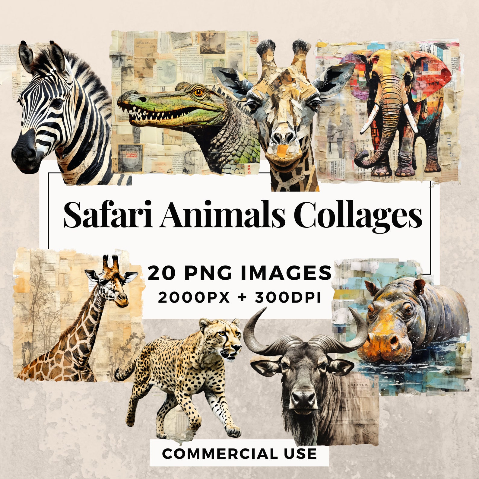 20 Safari Animals Collages Clipart Pack INSTANT DOWNLOAD 20 Safari ...