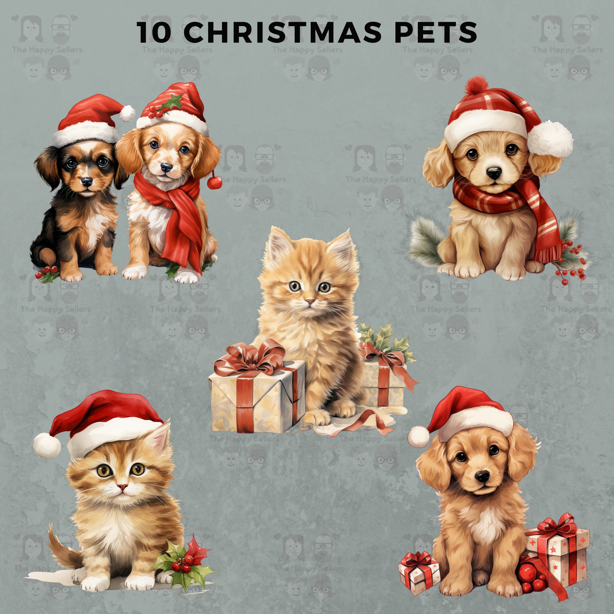 10 Christmas Pets Clipart Pack INSTANT DOWNLOAD 10 Adorable Festive Pet ...