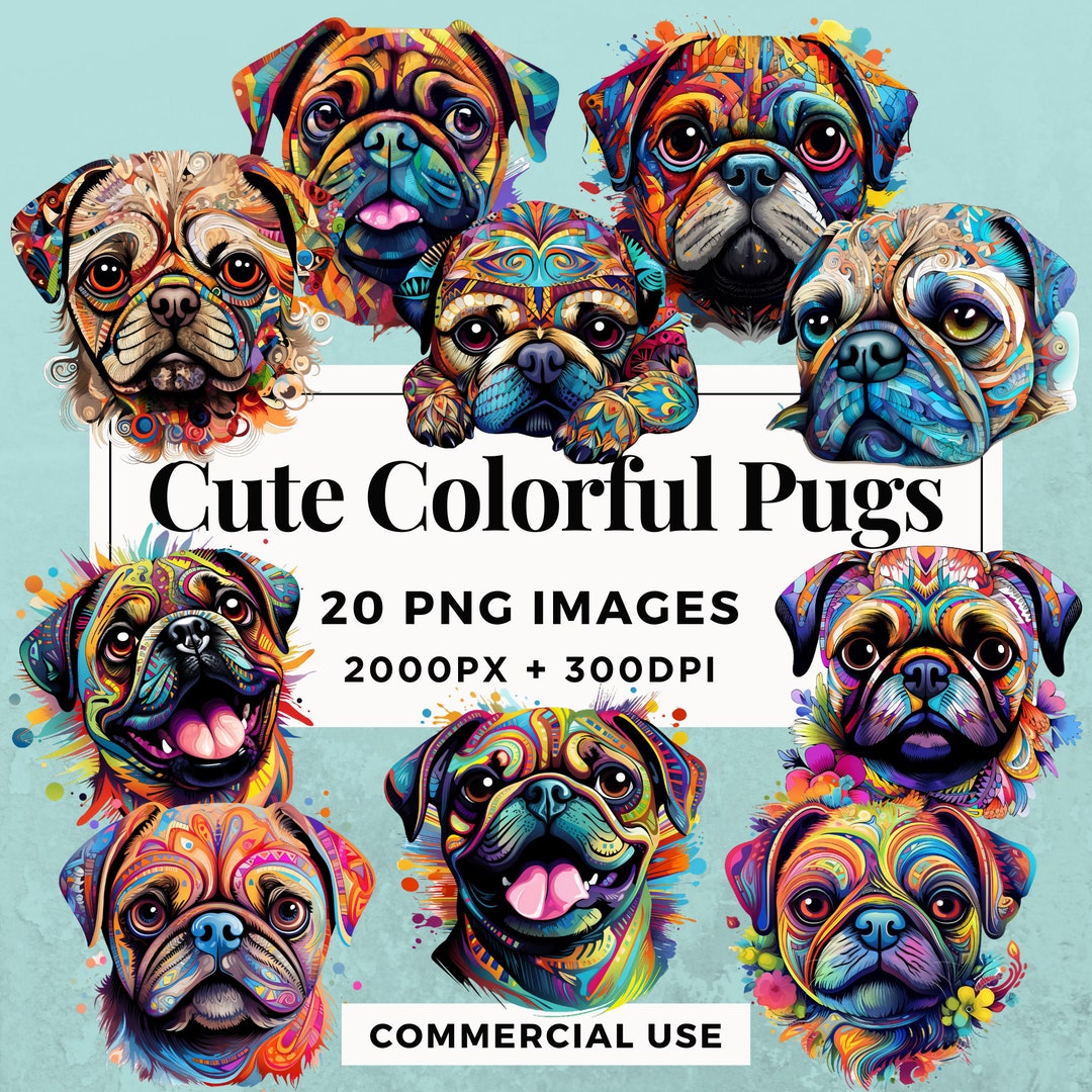 20 Cute Colorful Pugs Clipart Pack INSTANT DOWNLOAD 20 Adorable Pug ...