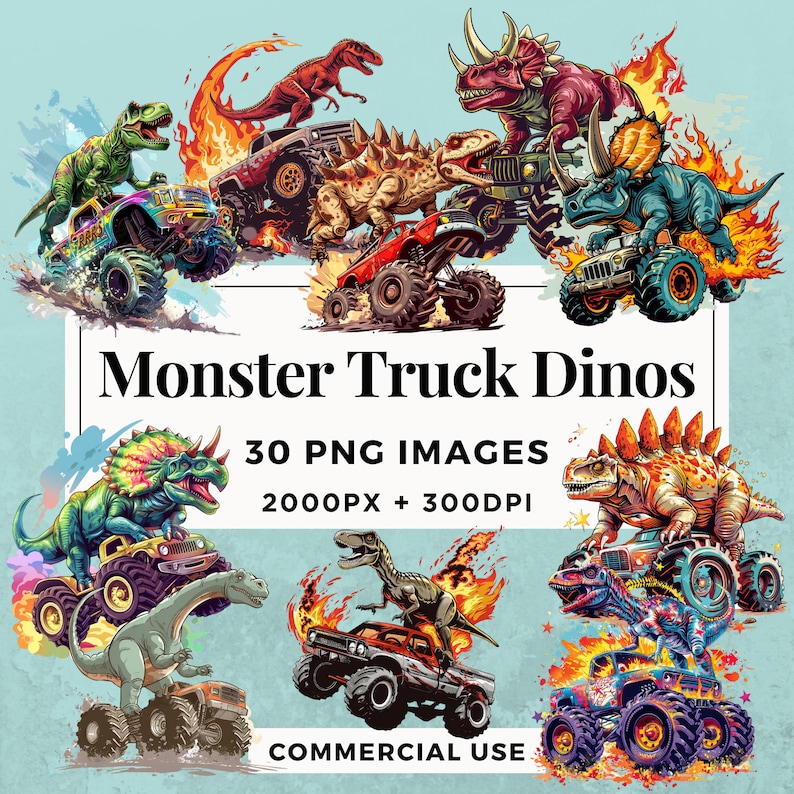 30 Monster Truck Dinos Clipart Pack - INSTANT DOWNLOAD, PNG Transparent ...