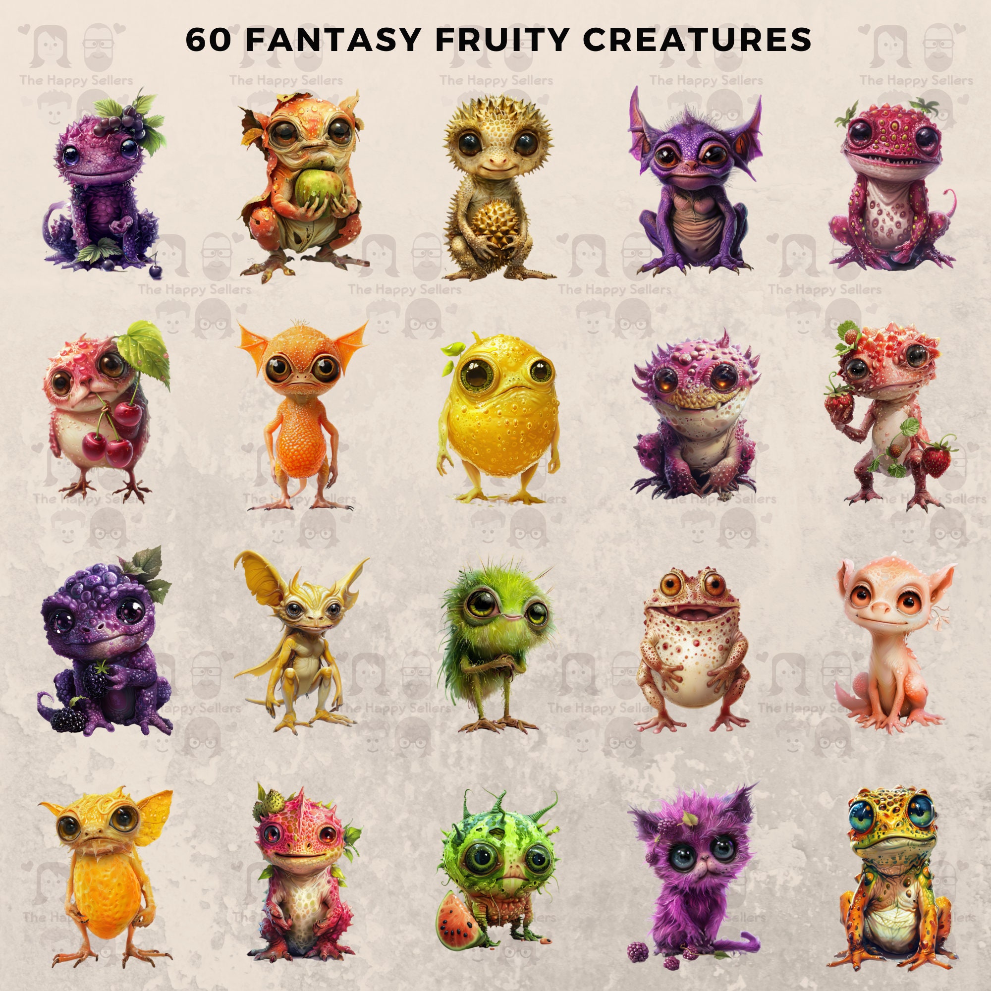 60 Fantasy Fruity Creatures Clipart Pack INSTANT DOWNLOAD 60 Fruit ...