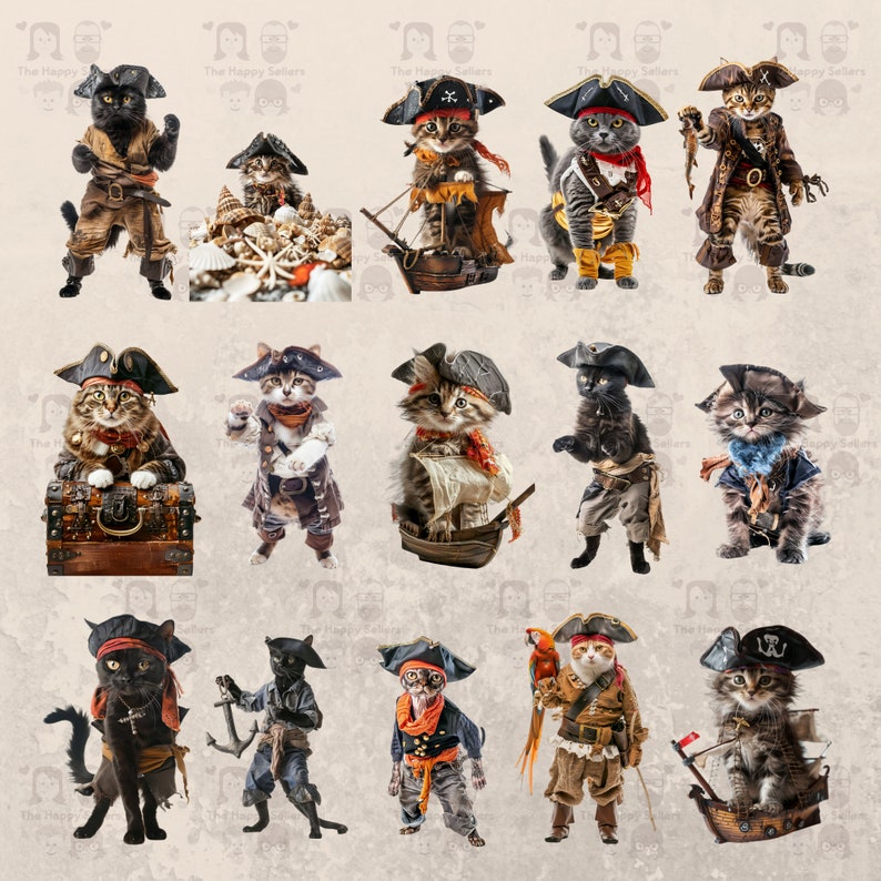 30 Pirate Cats Clipart Pack INSTANT DOWNLOAD 30 Swashbuckling Feline ...
