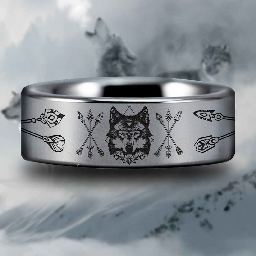 Wolf and Arrows Custom Personalize Laser Engrave Tungsten Wedding Band ...