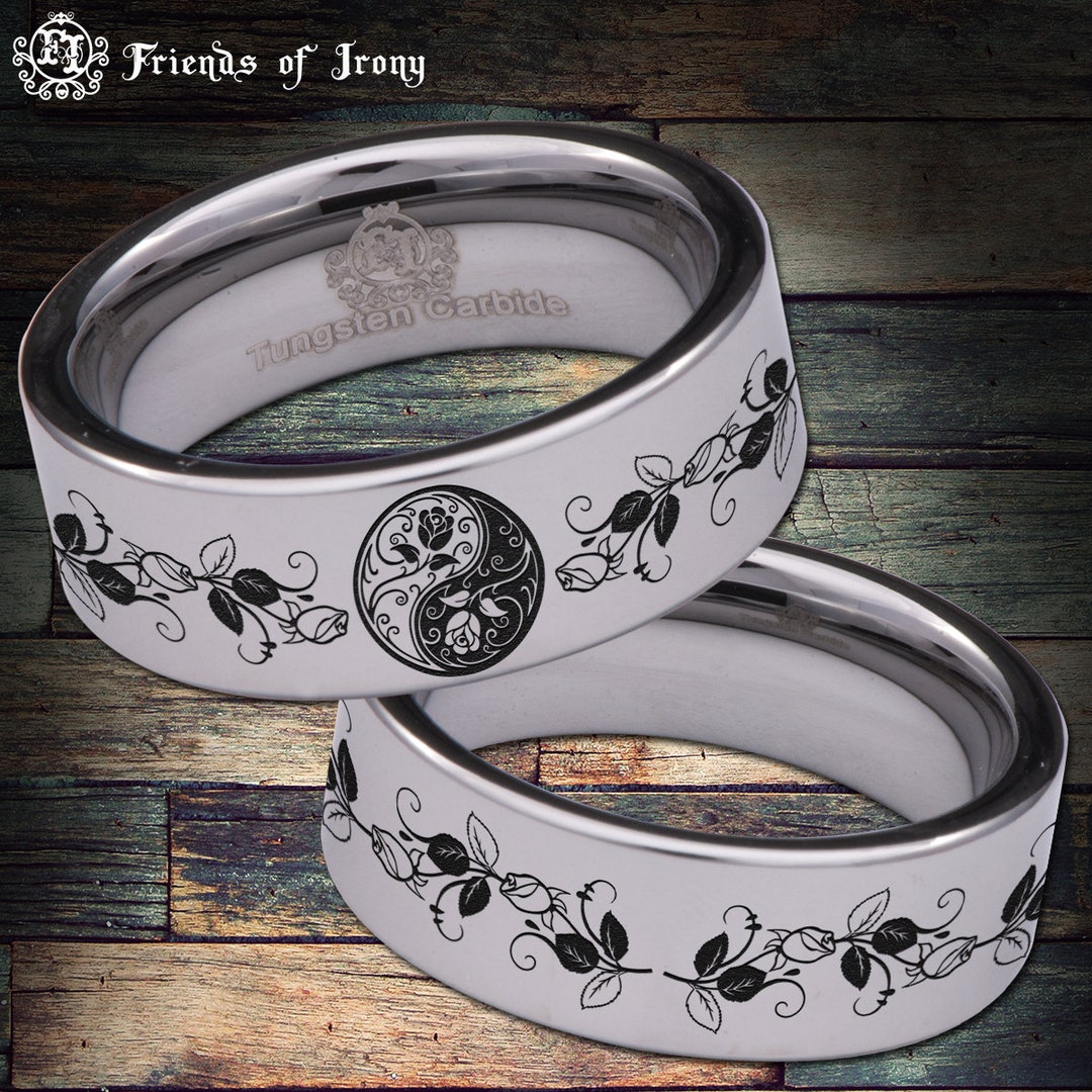 Floral Yin Yang Custom Personalize Laser Engrave Tungsten Wedding Band ...