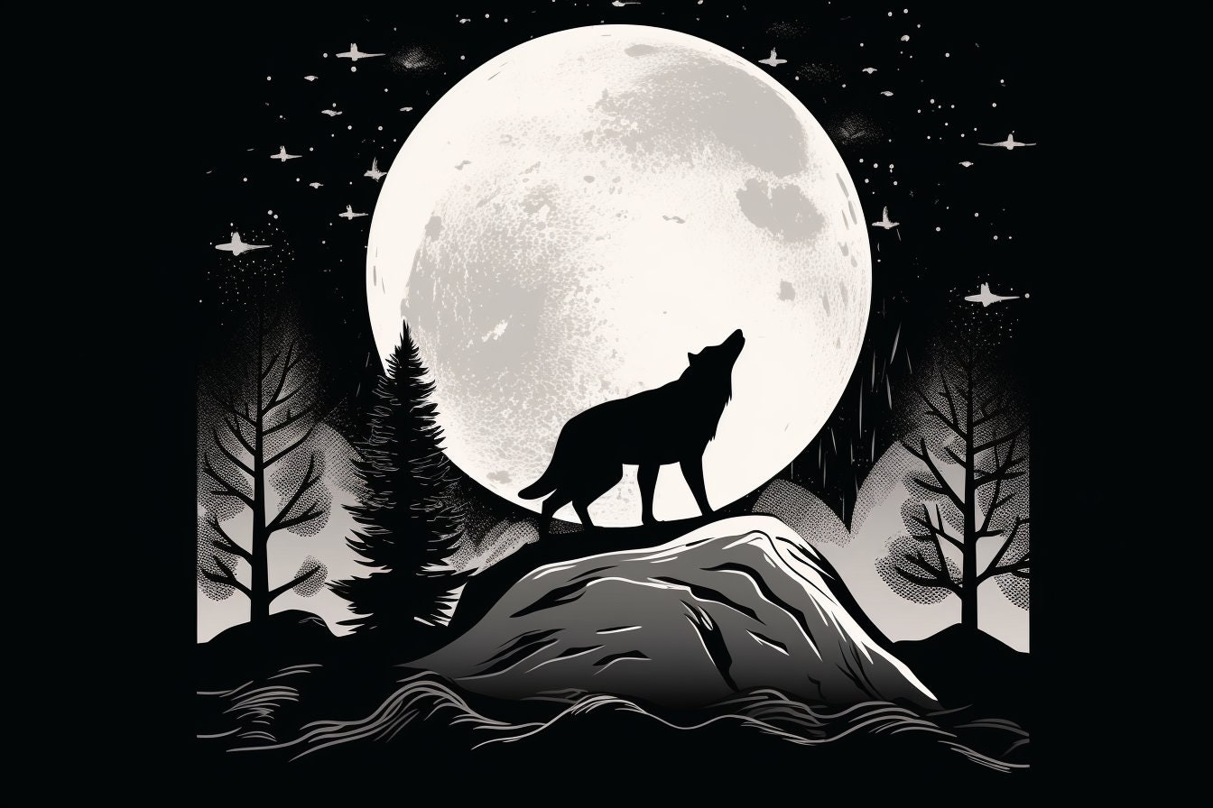 Howling Wolf in Front of Full Moon on a Boulder Rock Forest Tree Scene ...