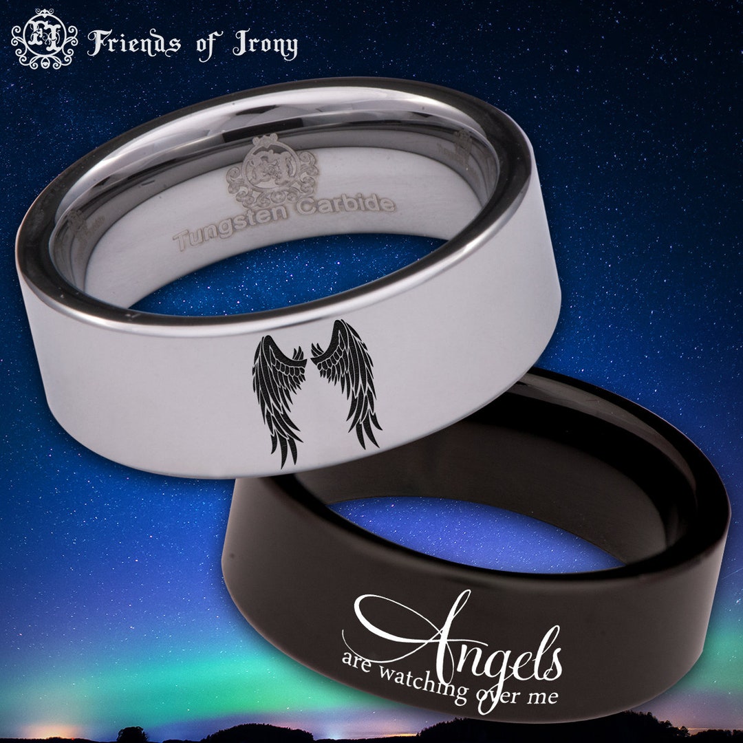 Angel Wings Custom Personalize Laser Engrave Tungsten Wedding Band Ring ...