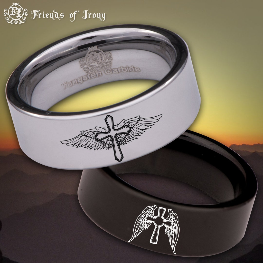 Angel Wings and Cross Custom Personalize Laser Engrave Tungsten Wedding ...
