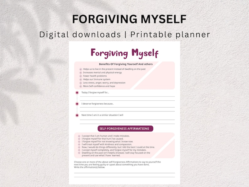Forgiving Myself Journal, Self Forgiveness Worksheet, Forgiveness in ...