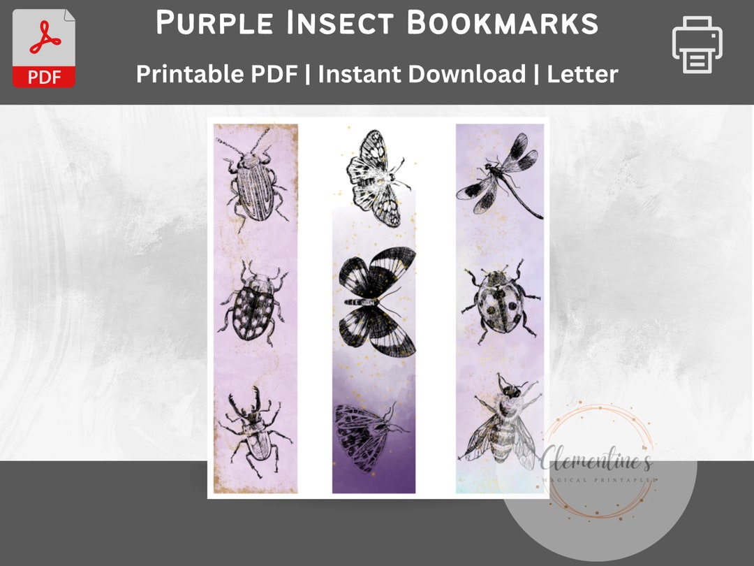 Purple Insect Bookmark Set, Insects, Witchy Bookmark, Grimoire, Instant ...