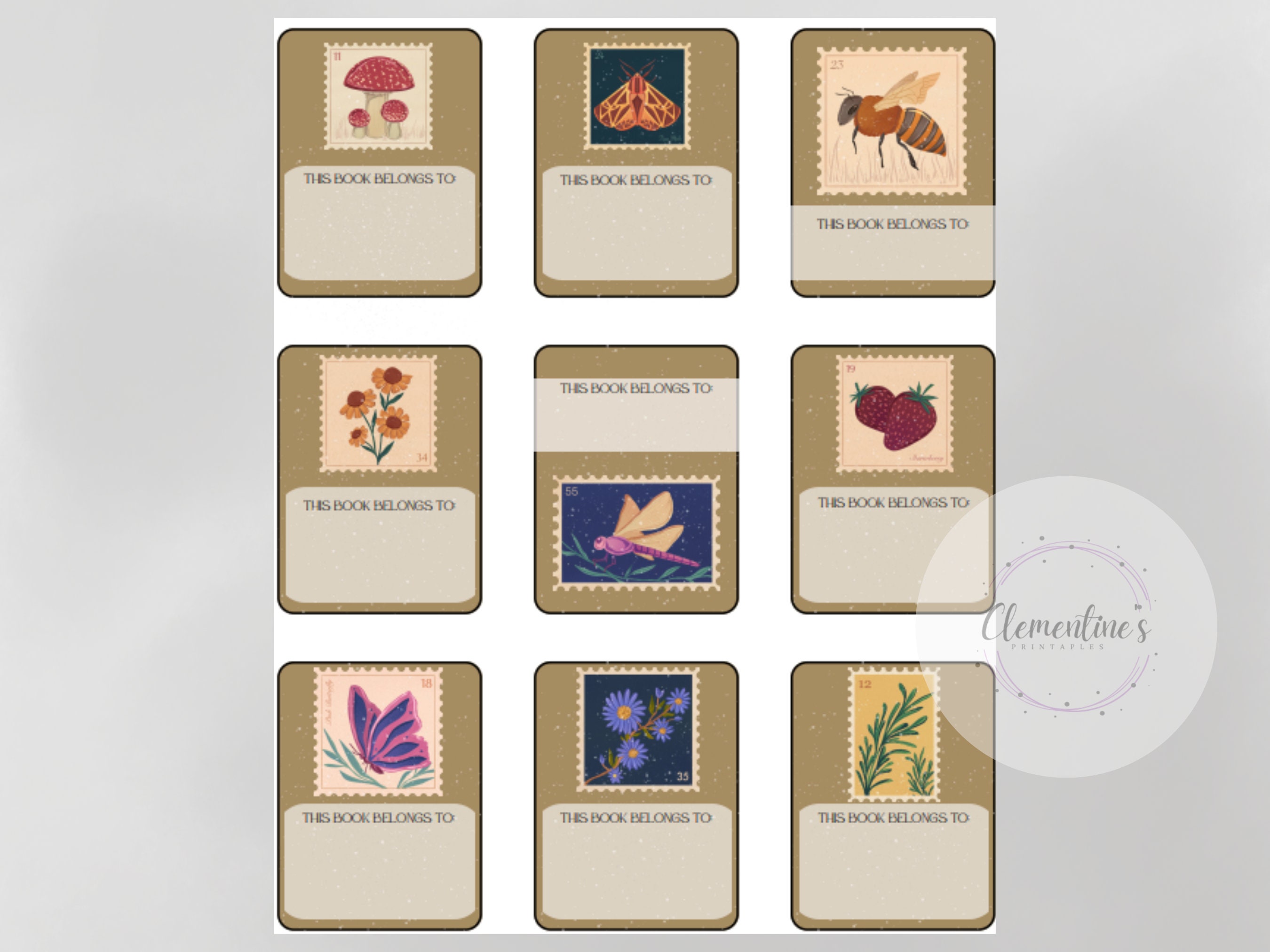 Bookplate, Cottagecore, Set of 9, Vintage Stamps, Stickers, PDF ...