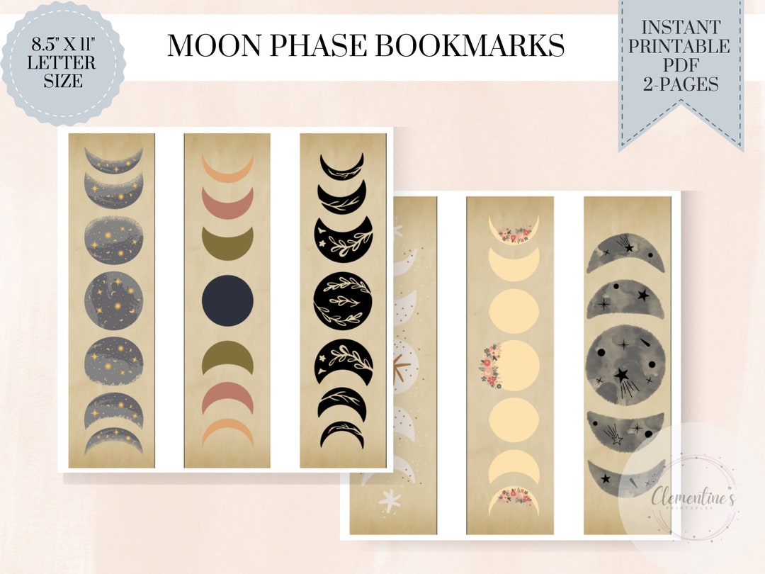 Set of 6, Moon Phase Bookmark, Moon Printable, Witchy Bookmark ...