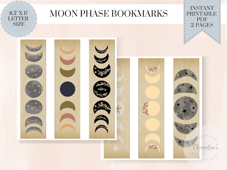 Set of 6, Moon Phase Bookmark, Moon Printable, Witchy Bookmark ...