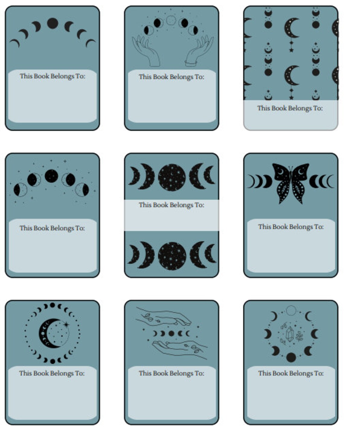 Moon Phase Bookplate, Set of 9, Digital Bookplate, Instant Download ...