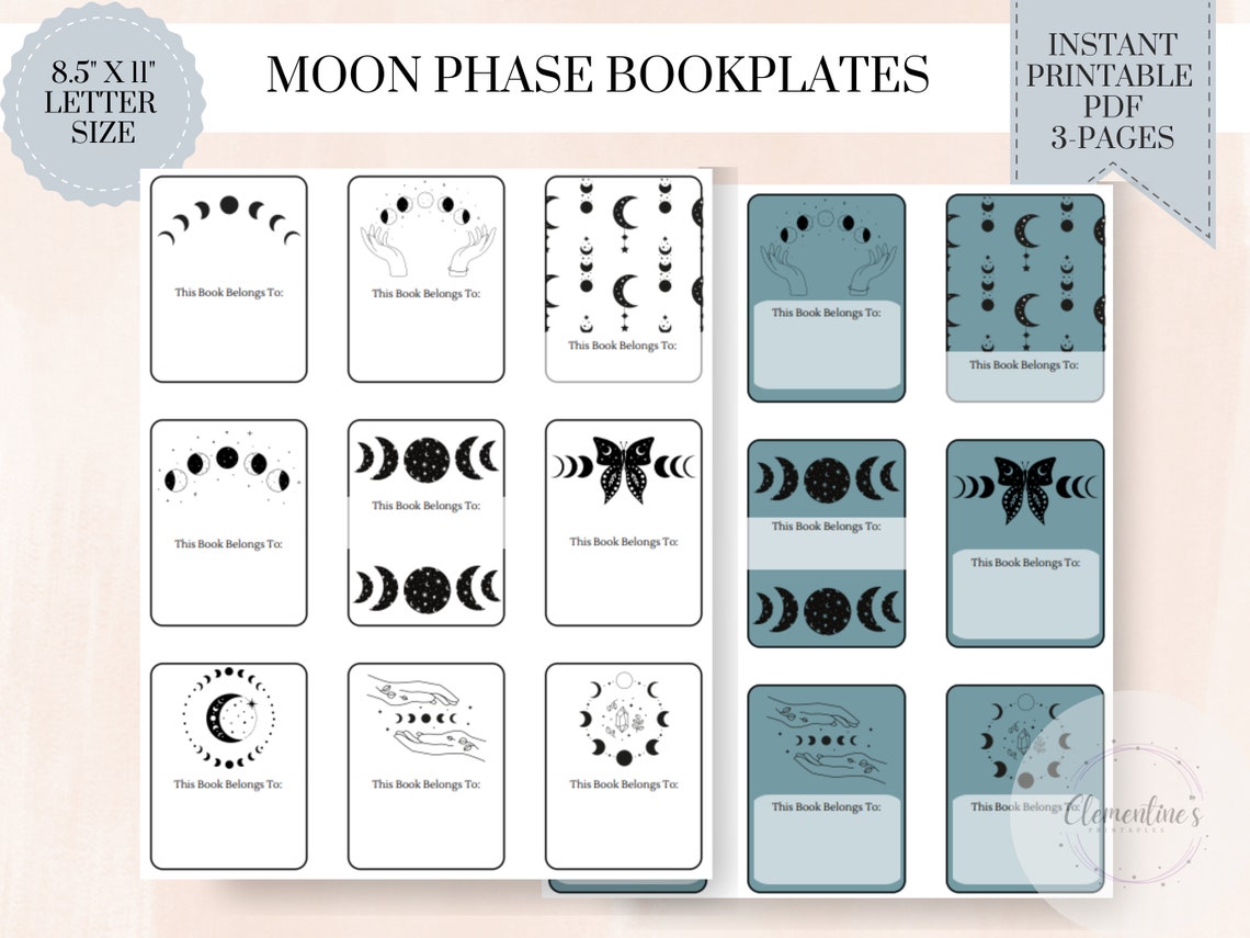 Moon Phase Bookplate, Set of 9, Digital Bookplate, Instant Download ...
