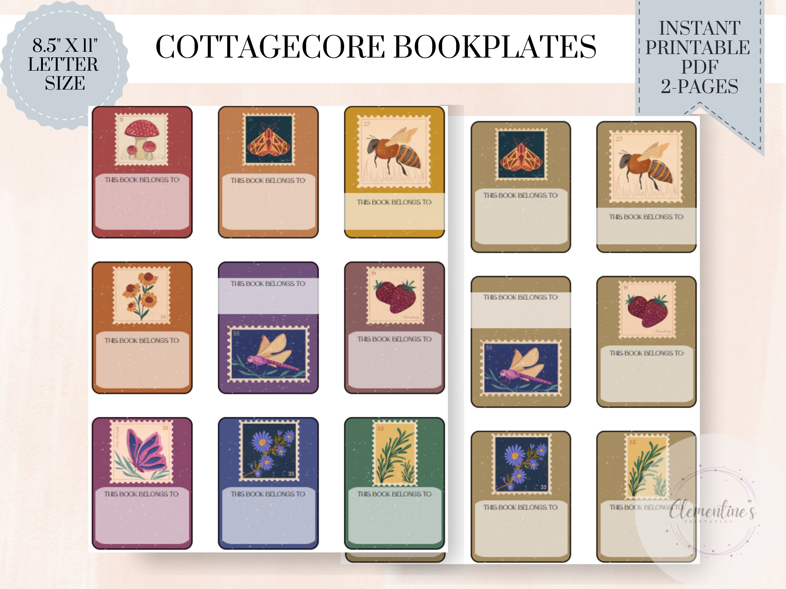 Bookplate, Cottagecore, Set of 9, Vintage Stamps, Stickers, PDF ...