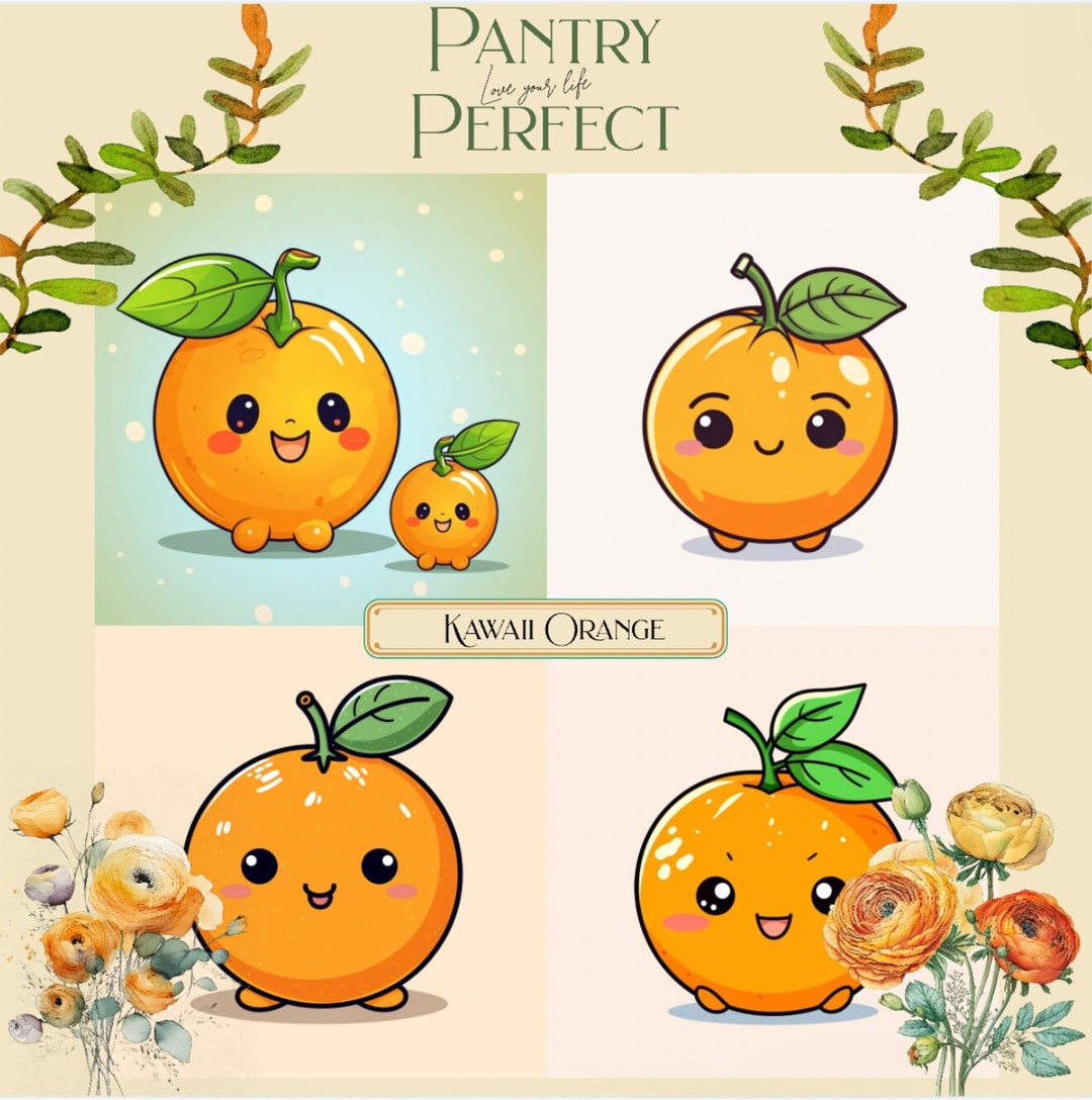 Cute Kawaii Orange Clipart, Template, Stickers, Labels, Set of 4 ...