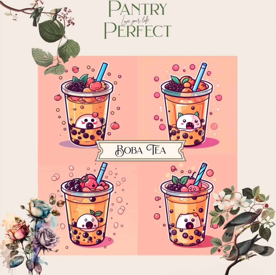 Kawaii Style Boba Tea Milk Template for Sticker, Labels, Art Set With ...