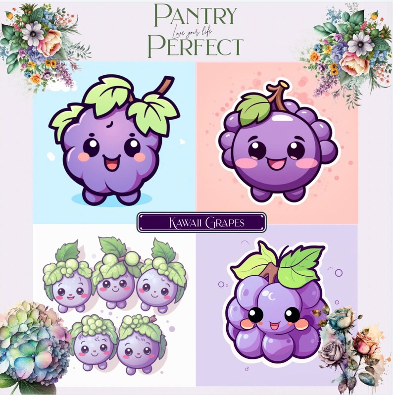 Cute Kawaii Grapes Clipart, Stickers, Labels, Templates, Set of 4 ...
