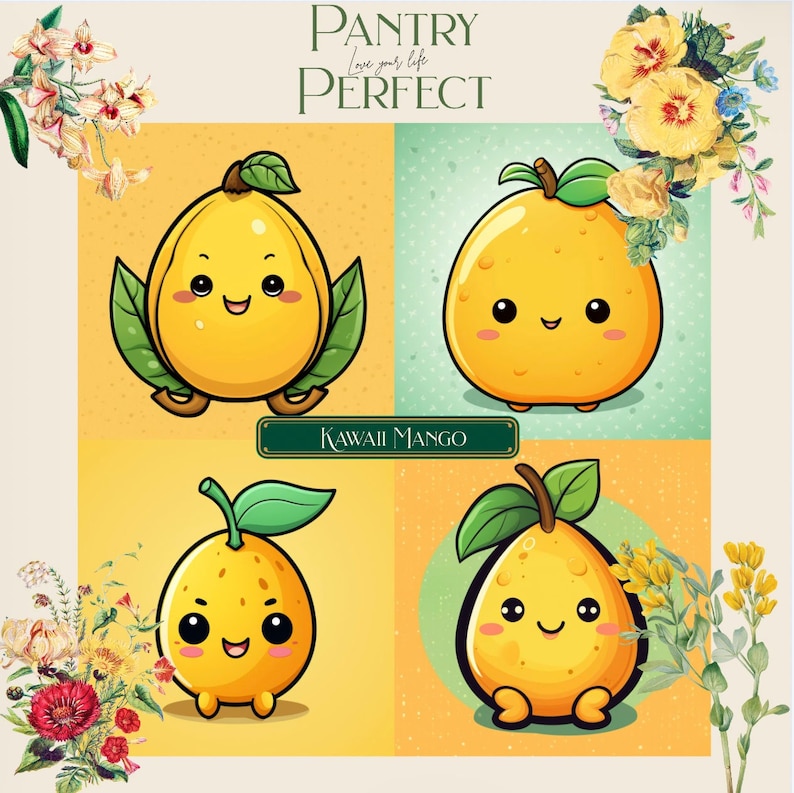 Cute Kawaii Mango Clipart, Template, Sticker, Set of 4 Template - Etsy