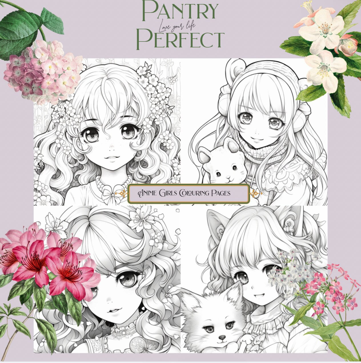 Cute Anime Girls Colouring Pages, Clipart Template Set of 4 - Etsy