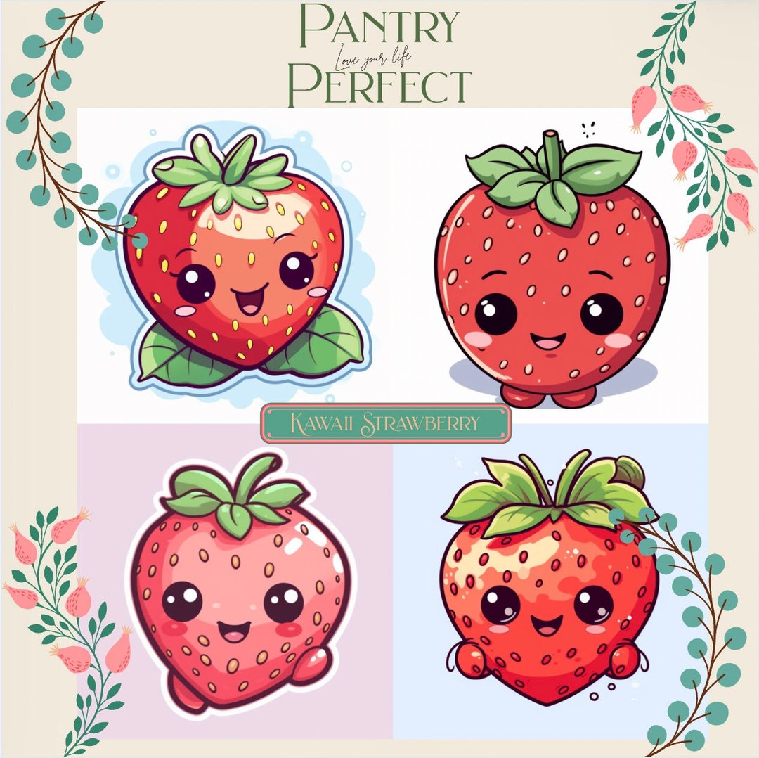Cute Kawaii Strawberry Clipart, Template, Sticker, Set of 4 Printable ...