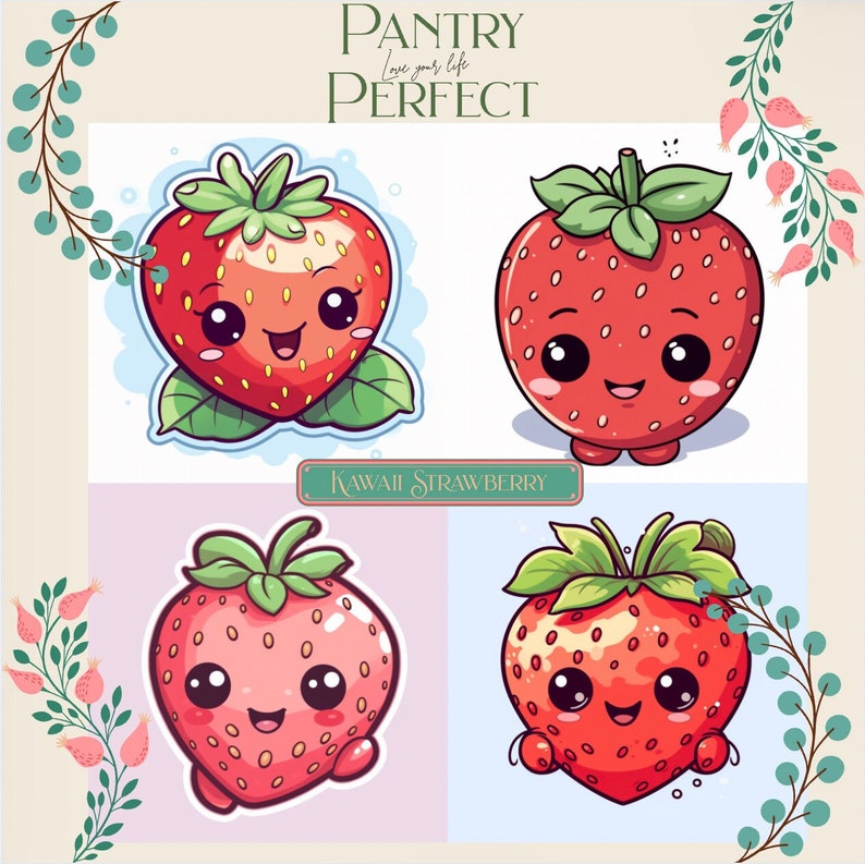 Cute Kawaii Strawberry Clipart, Template, Sticker, Set of 4 Printable ...