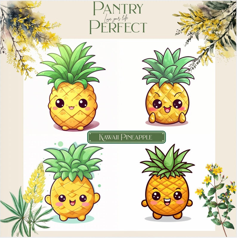 Cute Kawaii Pineapple Clipart, Template, Stickers, Set of 4 Printable ...
