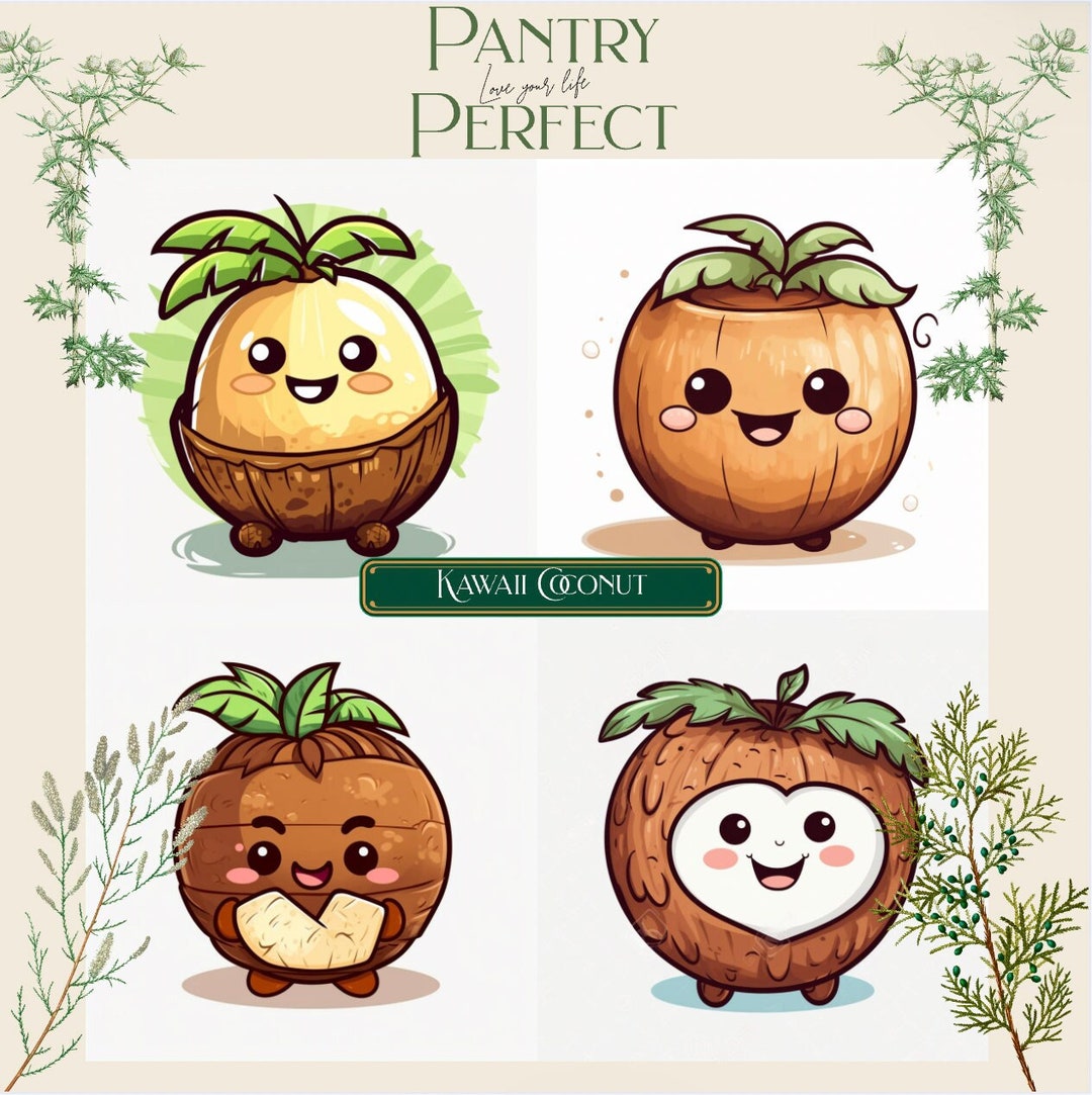 Cute Kawaii Coconut Clipart, Sticker, Sticker, Templates, 4 Printable ...
