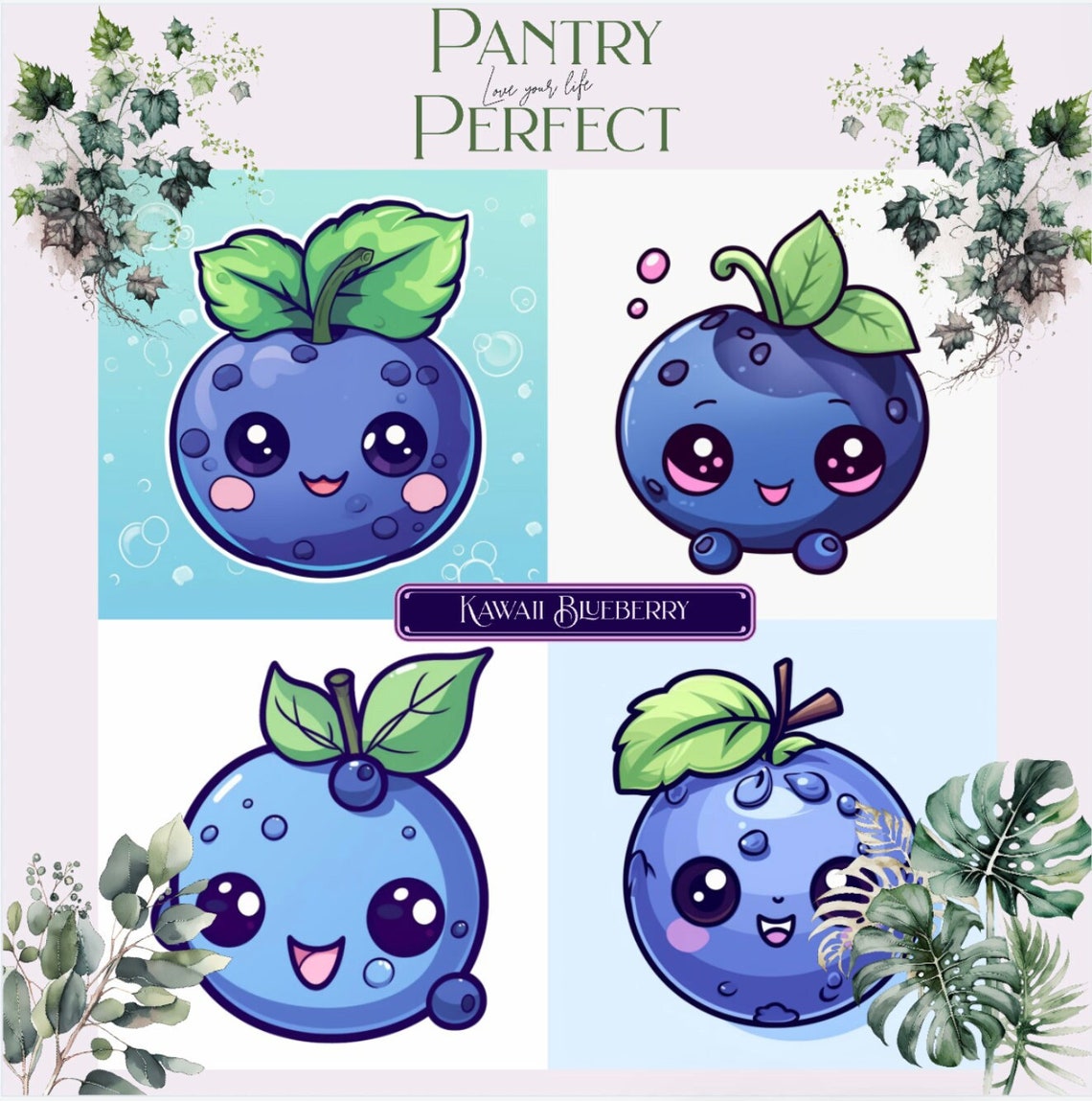 Cute Kawaii Blueberry Fruit Clipart, Stickers, Set of 4 Printable - Etsy