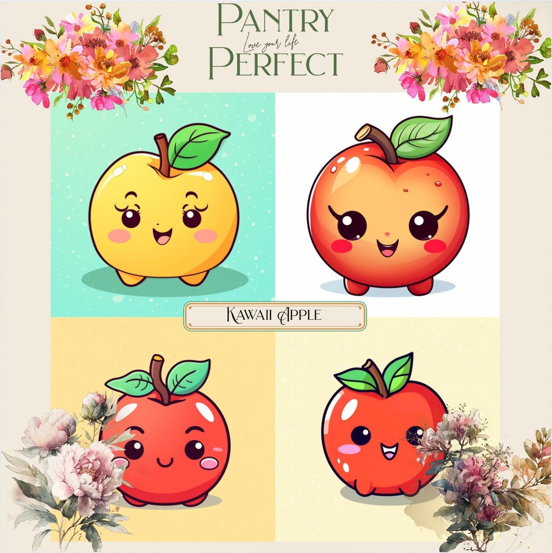 Cute Kawaii Apple Clipart, Template, Sticker, Cutout, Set of 4 ...