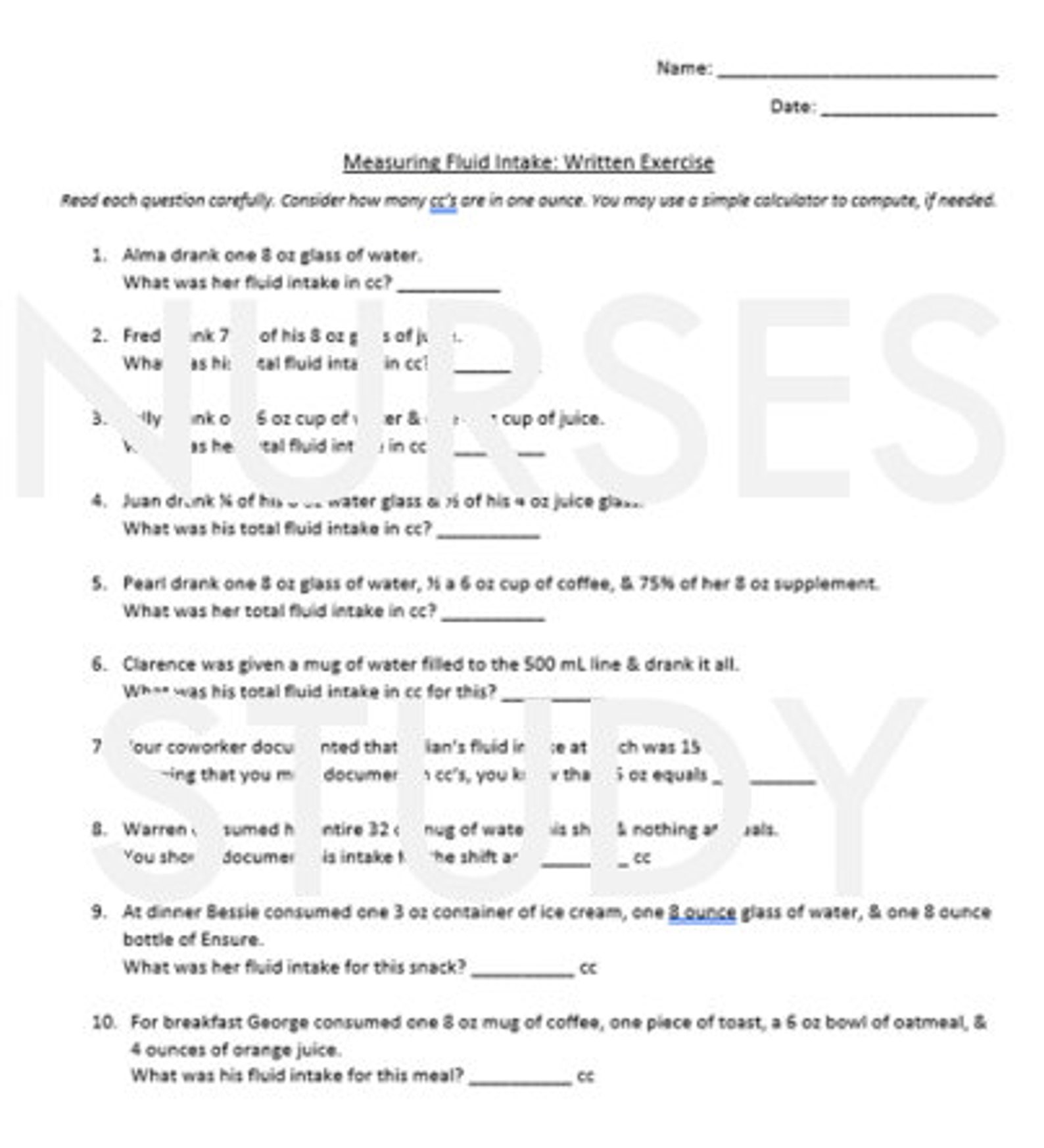 Fluid Intake Study Guide – I&O Practice Worksheet (PDF) - Etsy