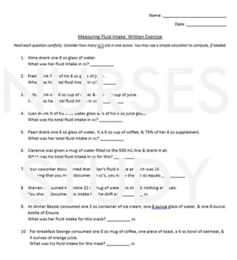 Fluid Intake Practice Worksheet - Healthcare Study Guide - CNA LPN RN ...