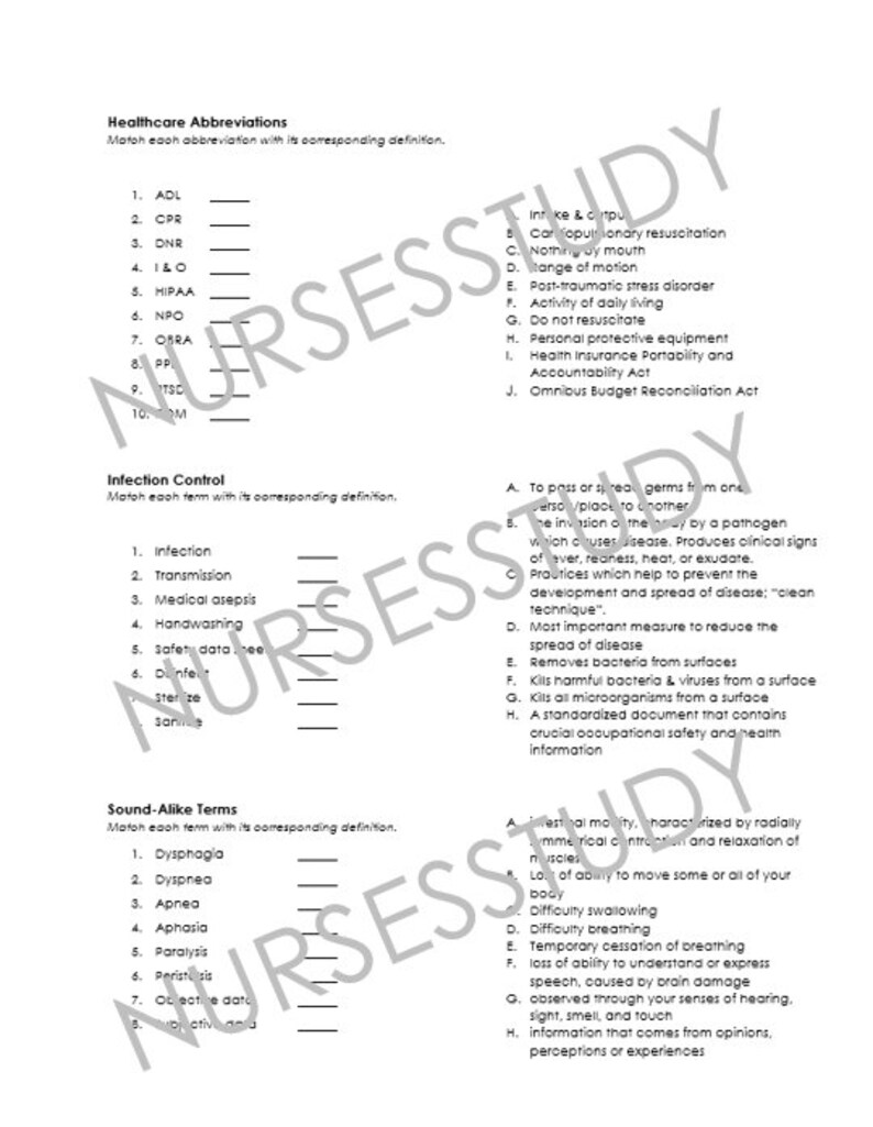 Medical & Healthcare Terms Test or Study Guide for Nurses, CNA, CRA ...