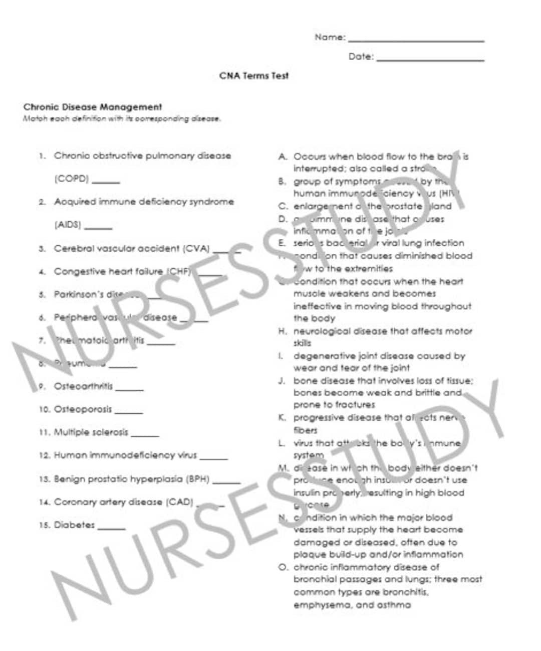 Medical & Healthcare Terms Test or Study Guide for Nurses, CNA, CRA ...