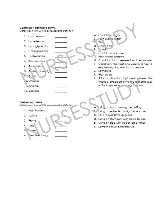 Medical & Healthcare Terms Test or Study Guide for Nurses, CNA, CRA ...