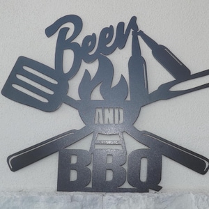 Beer and BBQ, BBQ Metal Sign, Outdoor Grill Art, BBQ, Outdoor Kitchen ...