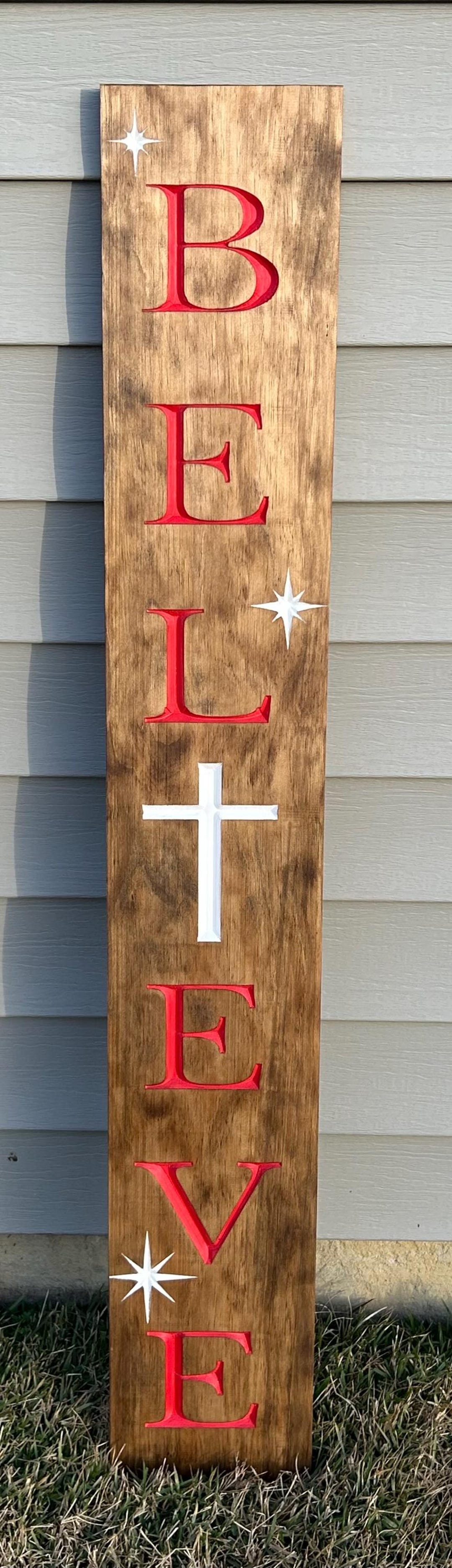 Porch Leaner Sign, Christmas Porch Sign, Wooden Sign, Believe, Cross ...