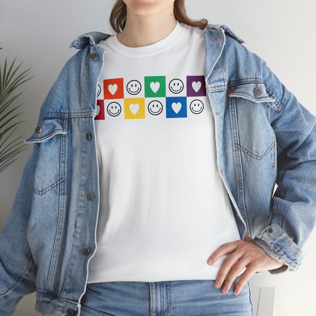 Rainbow Retro Smiley Face LGBTQ Gay Pride Graphic Tshirt Gender Neutral ...