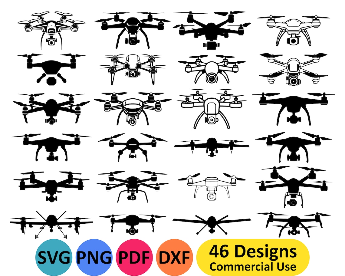 Drone SVG Bundle 46 Designs Cut Files in Formats: Svg, Pdf, Png and Dxf ...