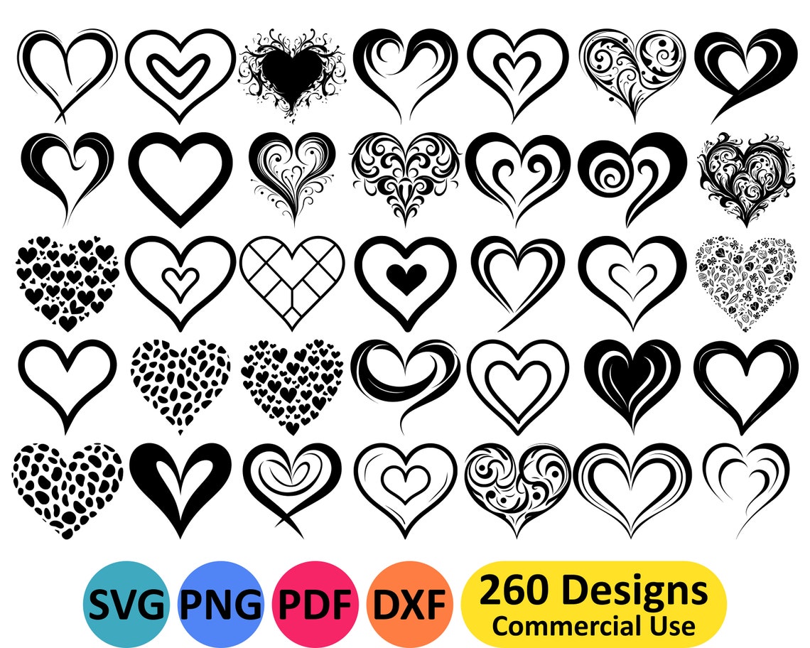 Heart SVG Bundle 260 Different Designs of Cute Hearts, Love Hearts and ...