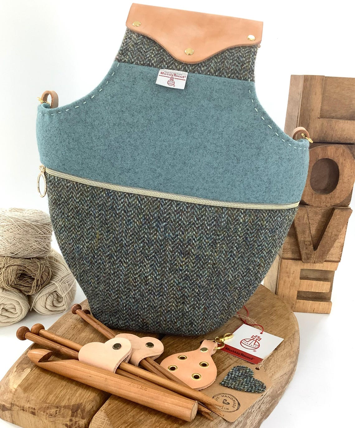 Patchwork Harris Tweed Knitting Project Bag, Leather Strap & Yarn ...