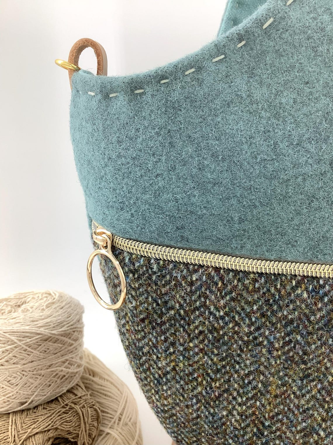 Patchwork Harris Tweed Knitting Project Bag, Leather Strap & Yarn ...