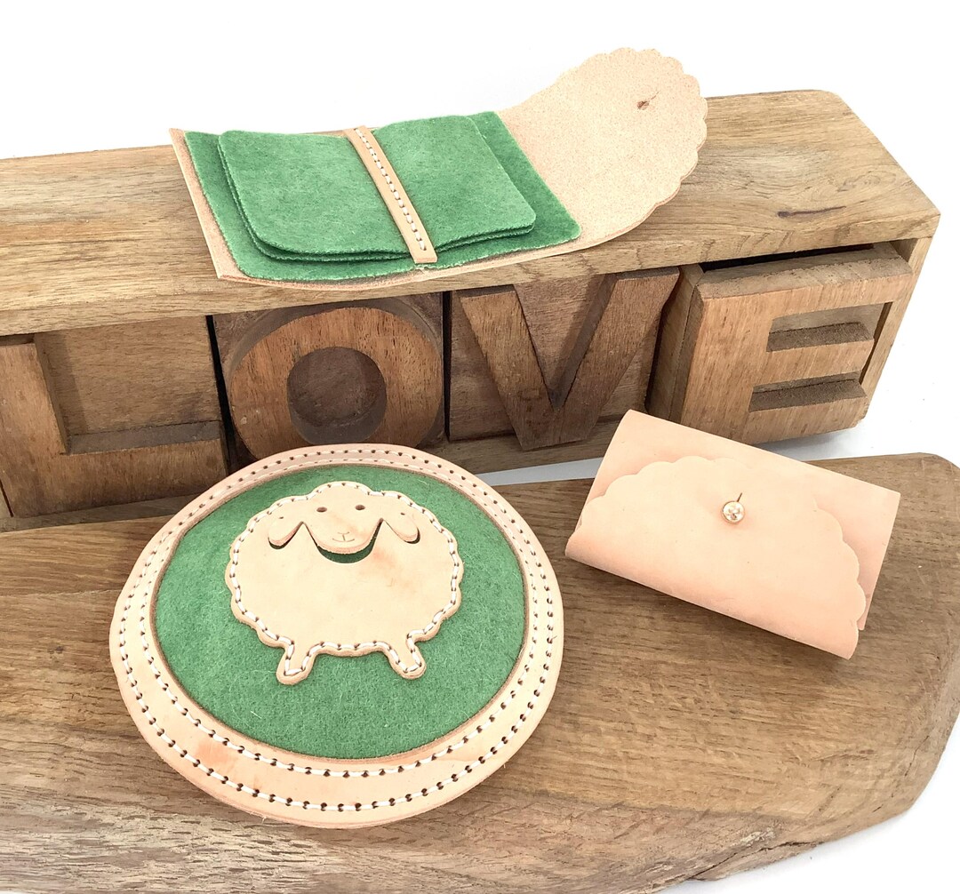 Handcrafted Sheep Pin Cushion & Leather Needle Case: Green British Wool ...