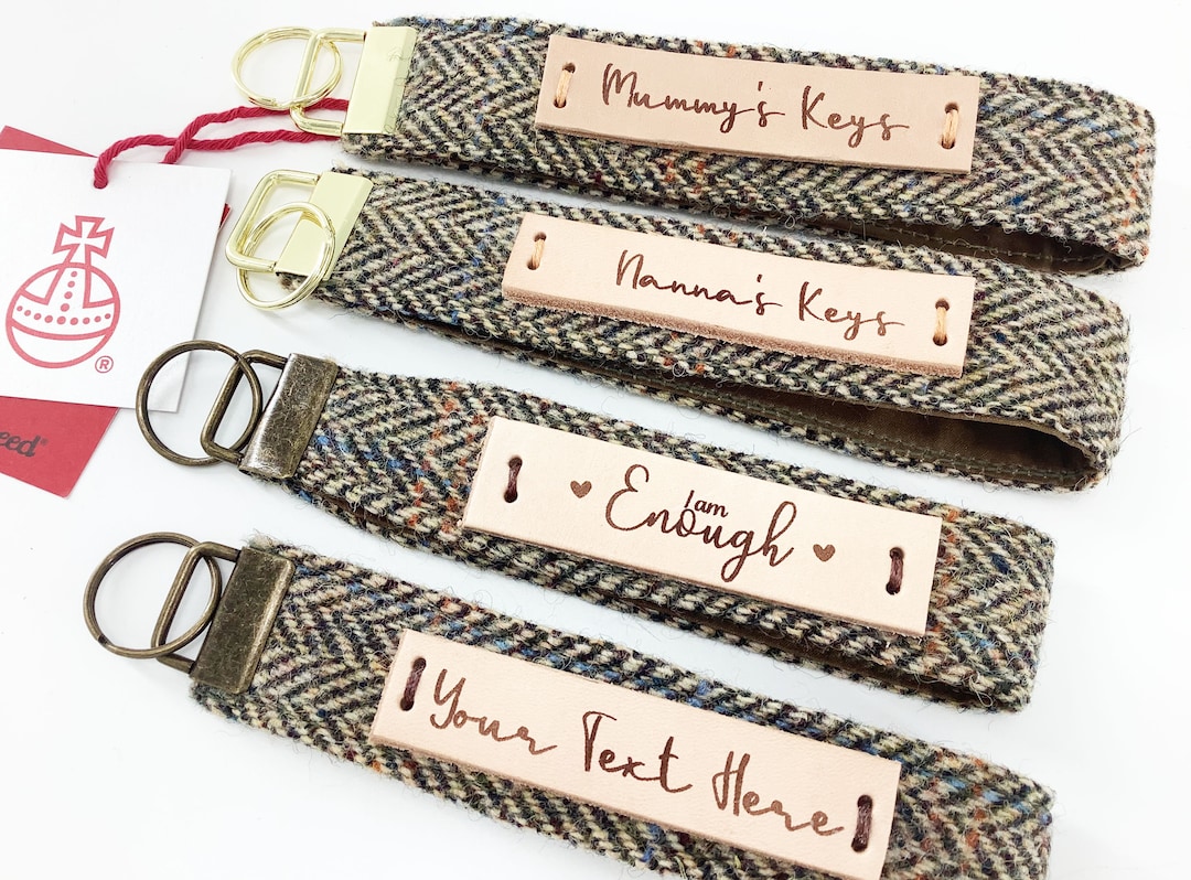Custom Harris Tweed Keyring. Personalised Leather Tag Key Fob Wristlet ...