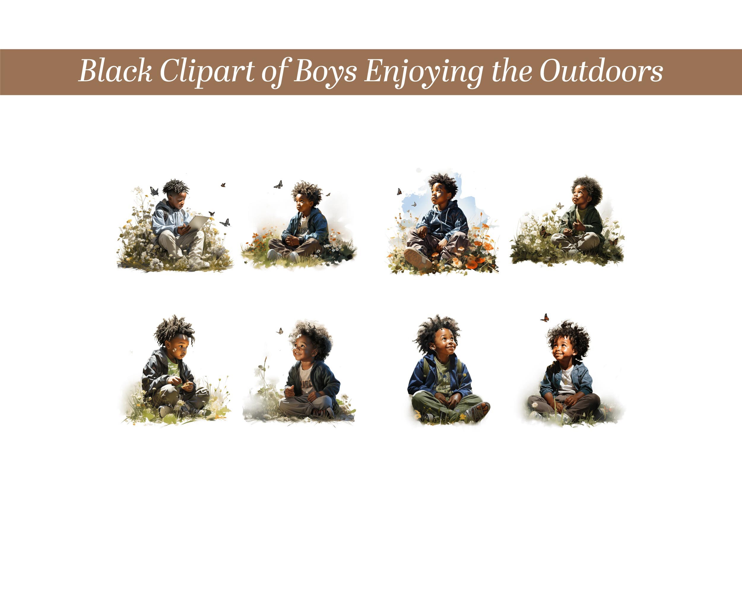 African American Boys Clipart: Outdoor Nature Play (PNG Digital ...