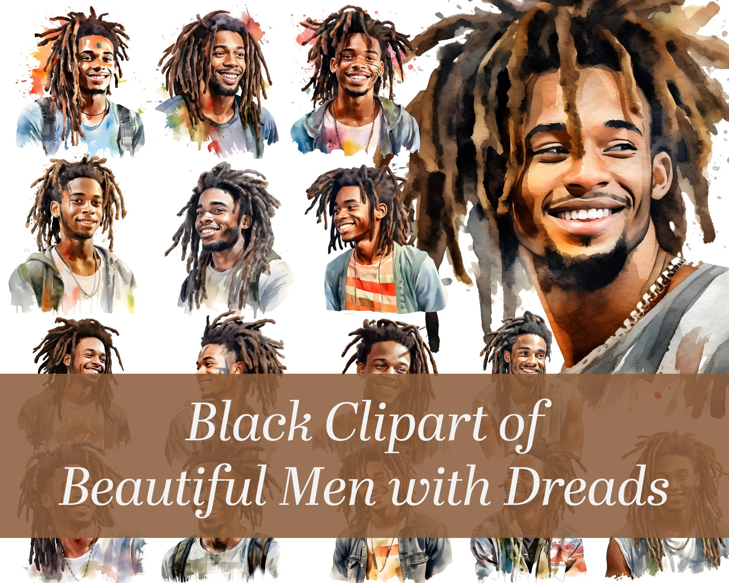 Watercolor African American Men Clipart: Dreads Portrait Set (digital ...