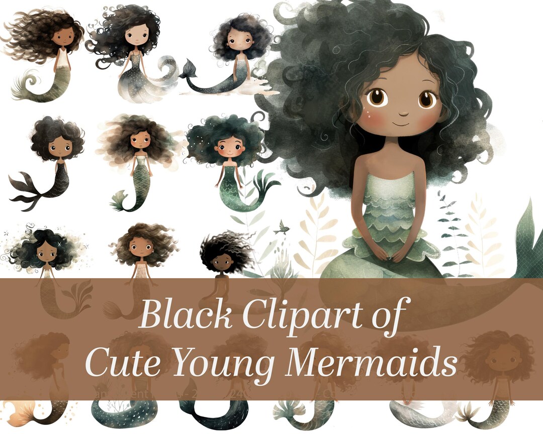African American Clipart of Very Cute Young Mermaids. True Black ...