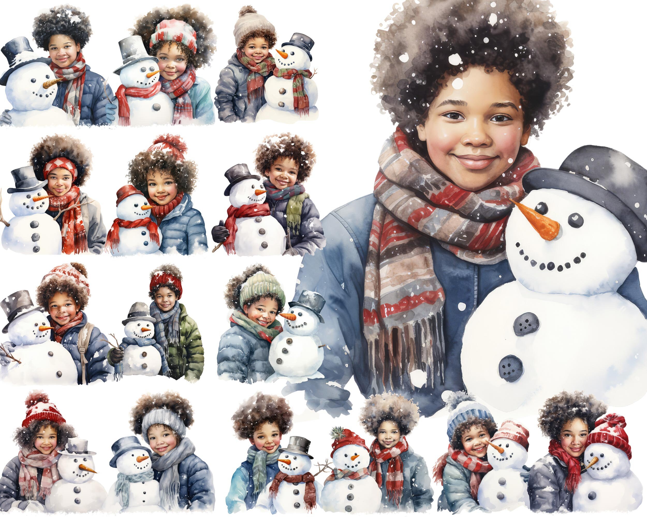 Clipart of African American Kids Loving Their Snowman. Commercial Use ...