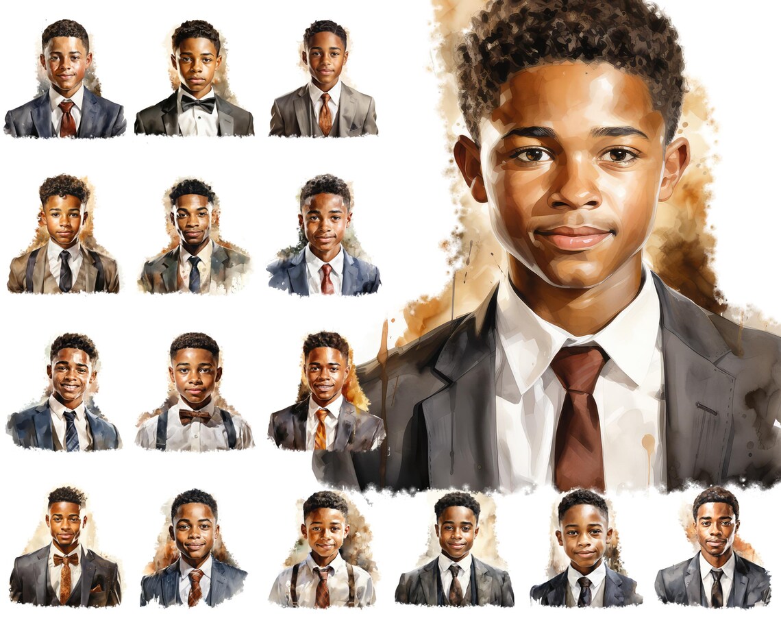 Watercolor African American Teen Boys Prom Clipart (PNG) - Etsy