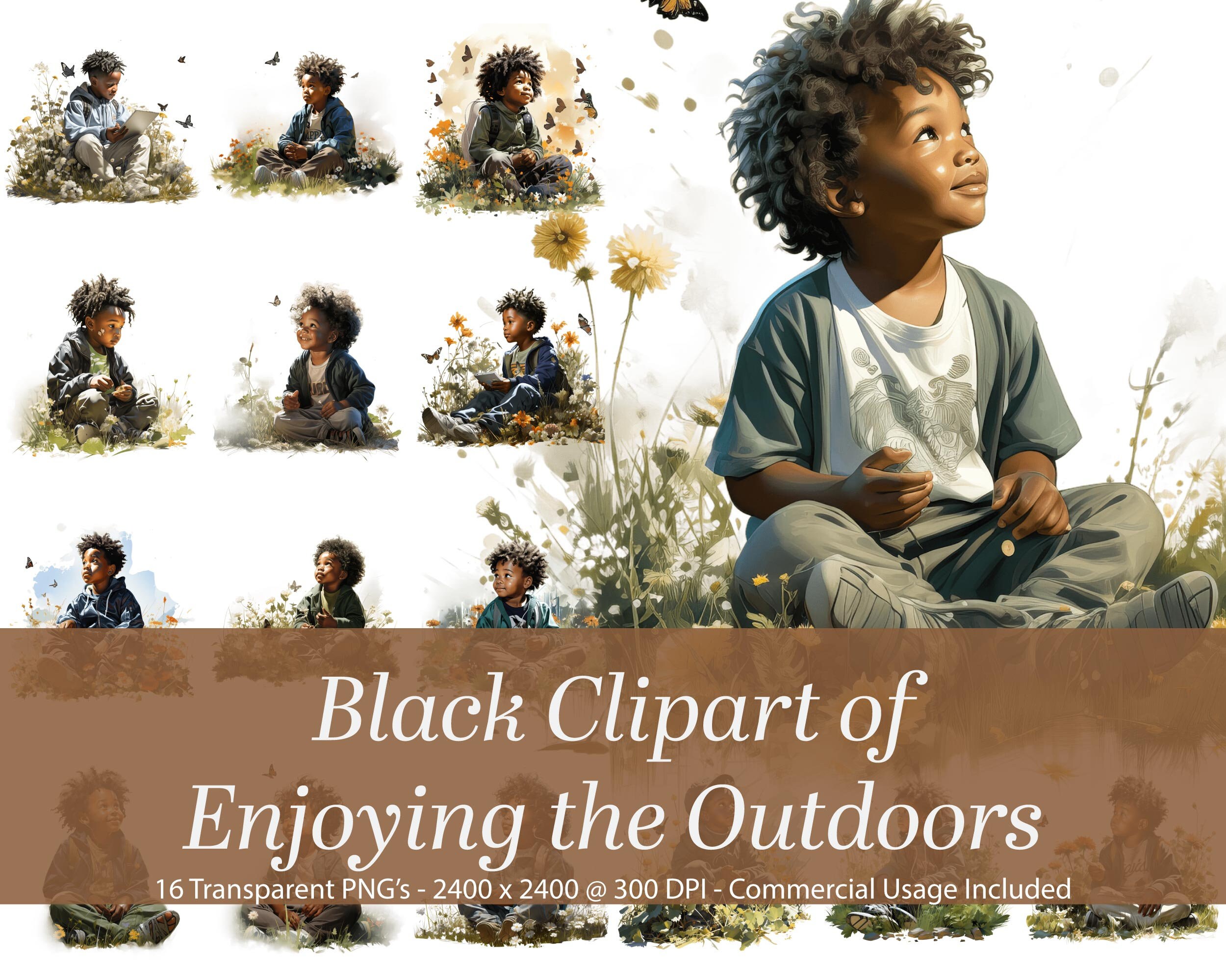 African American Boys Clipart: Outdoor Nature Play (PNG Digital ...